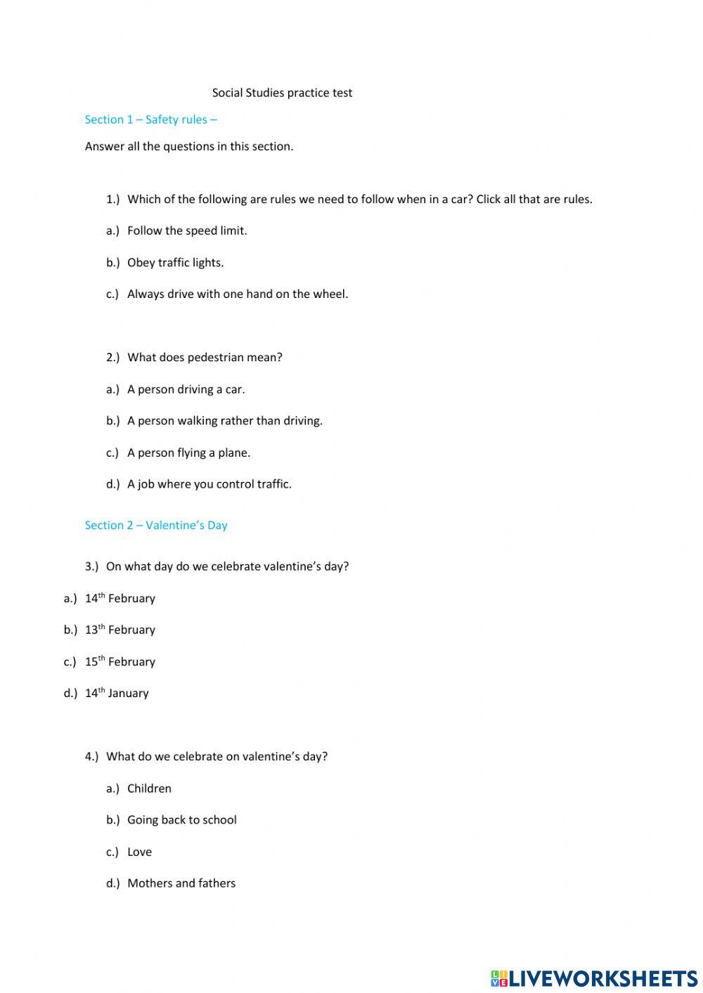 Social Studies practice test- Second year online exercise for | Live ...