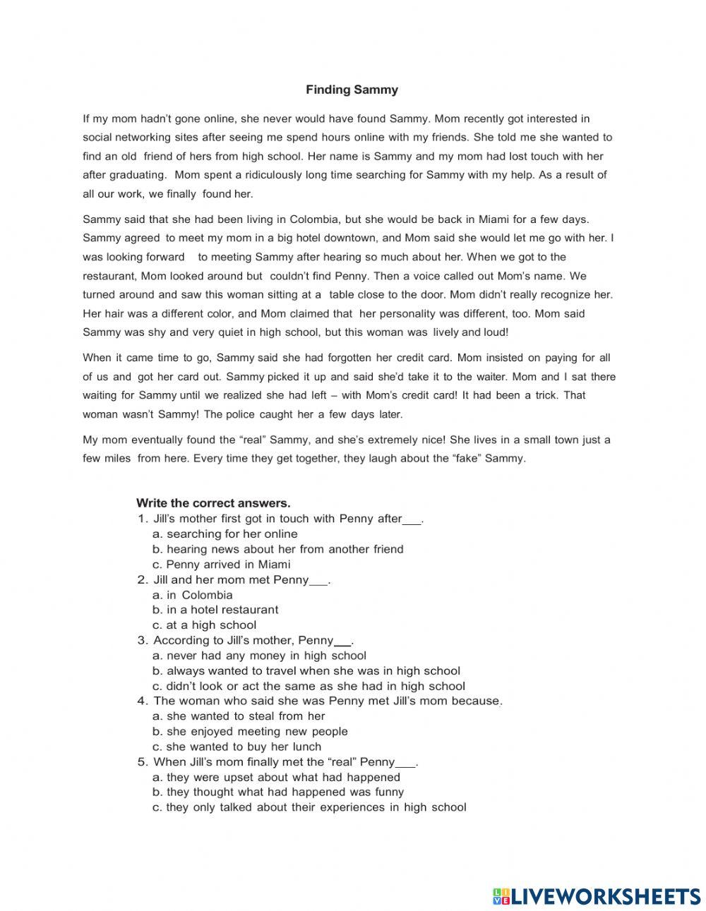 Finding Sammy worksheet | Live Worksheets