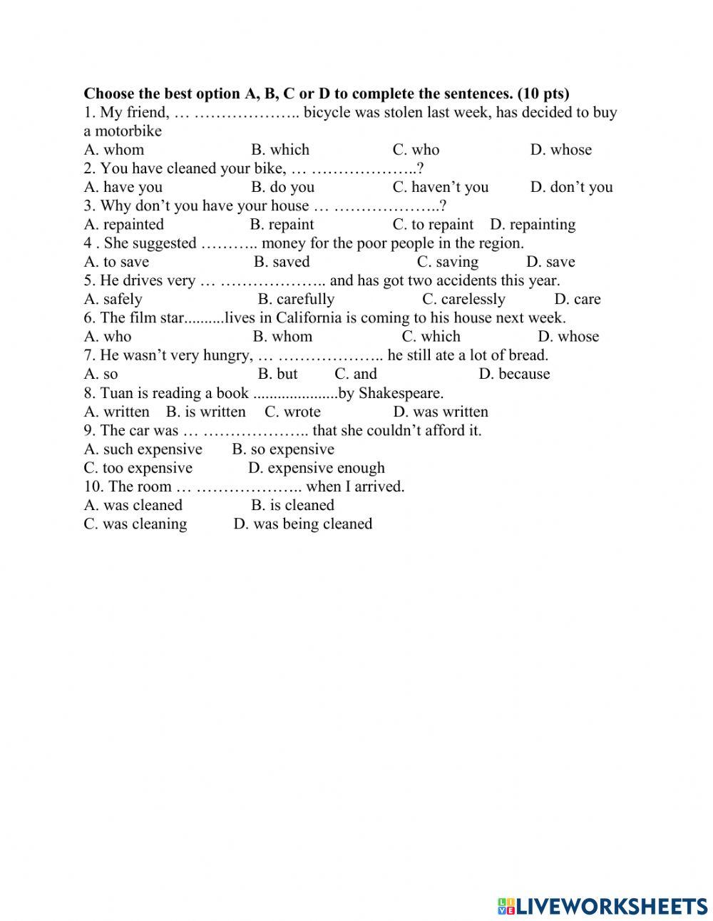 2780994 | 15 MINUTE TEST | huyen7289 | LiveWorksheets