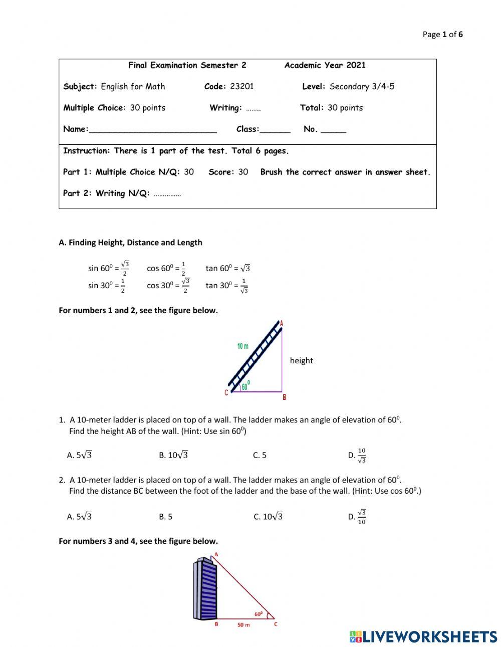 M3-4-5 English for Math Final Test (Term 2, 2021) online exercise for ...