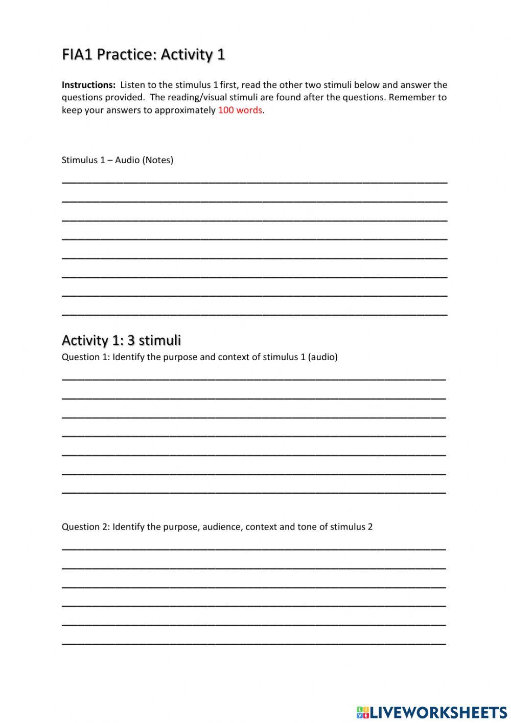 Year 11 2022 FIA1 Practice Test online exercise for | Live Worksheets