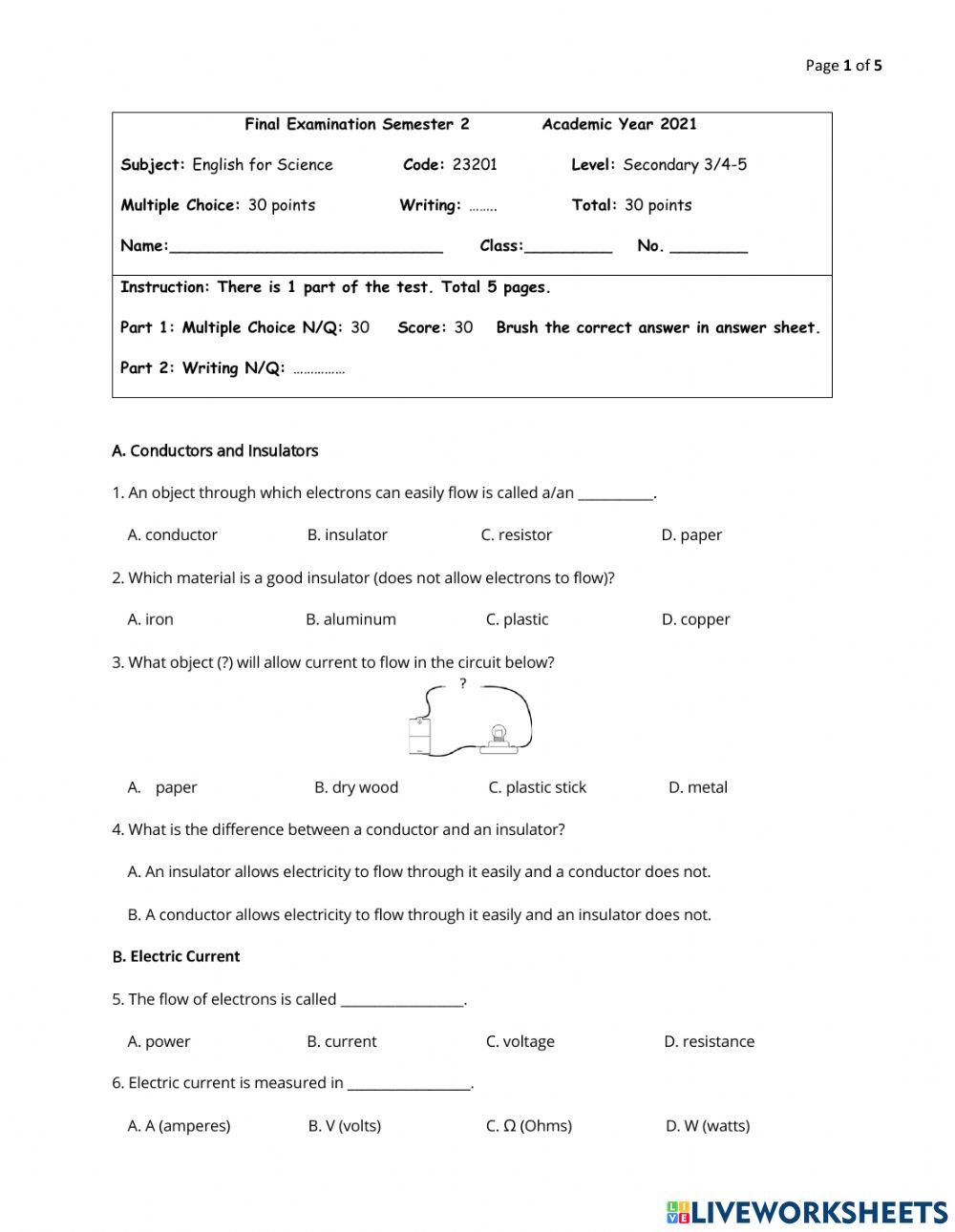 M3-4-5 English for Science Final Test (Term 2, 2021) online exercise ...