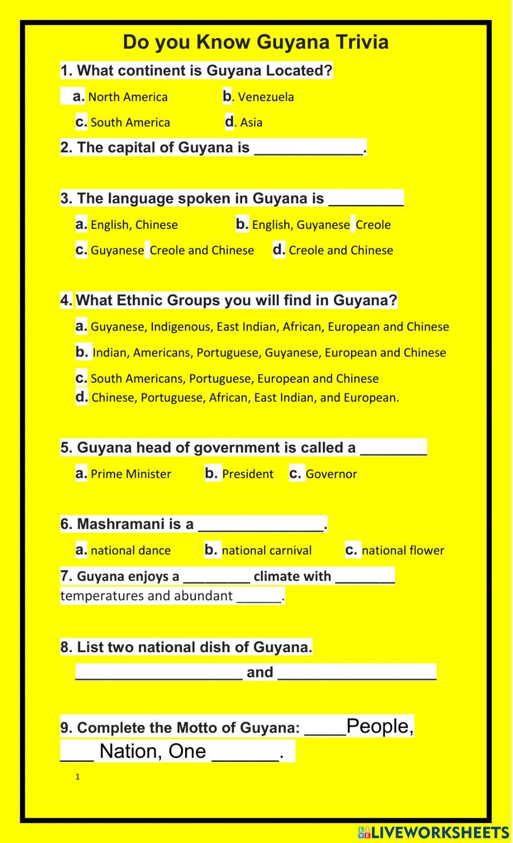 Guyana Trivia 6848419 | Venissa Ellis | Live Worksheets