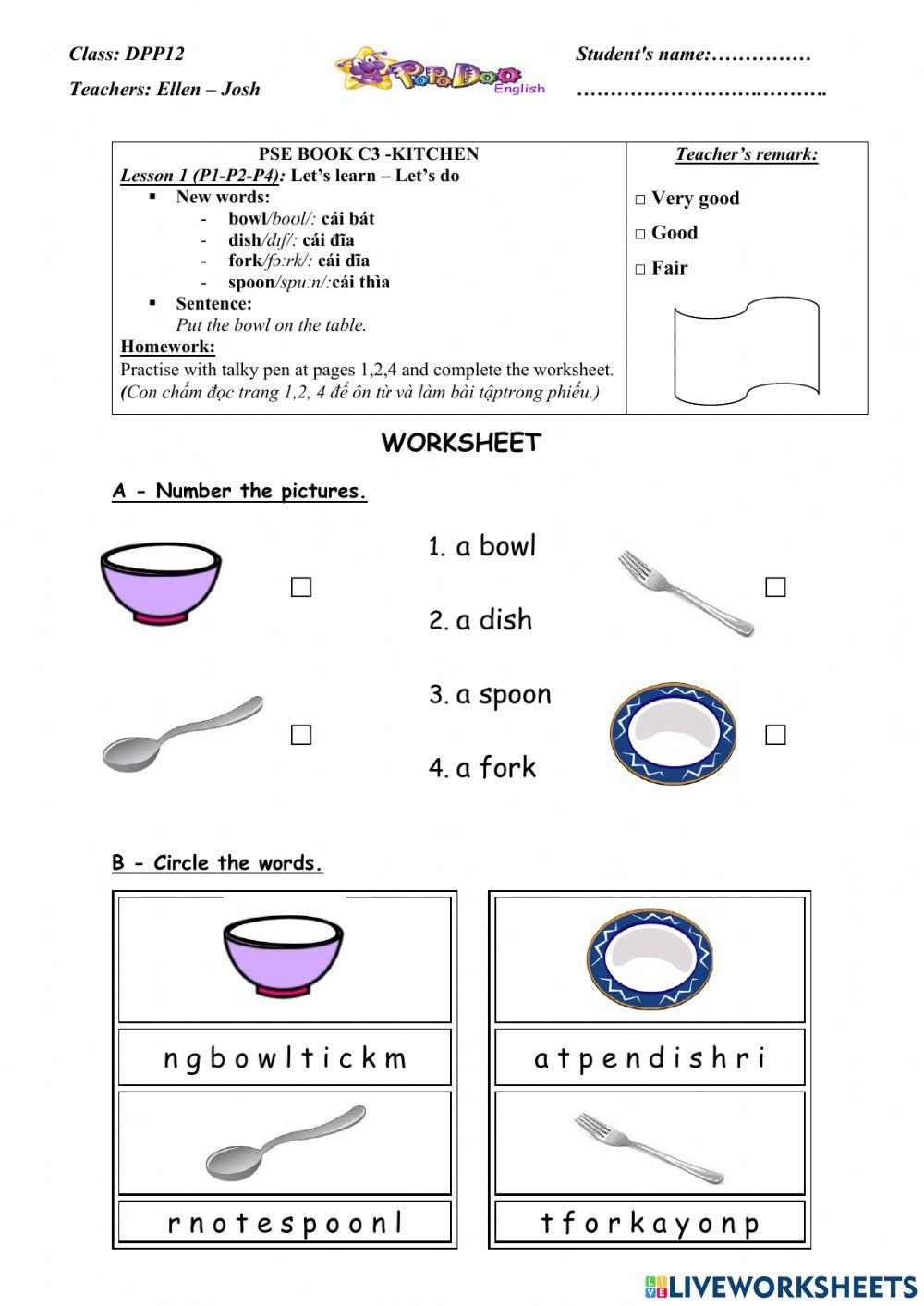 PSE C3 - p1,2,4 - Kitchen worksheet | Live Worksheets