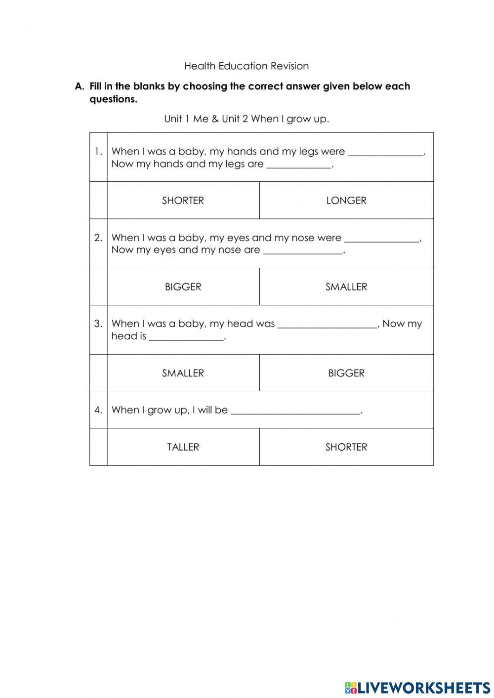 Health Education Year 1 Revision worksheet | Live Worksheets