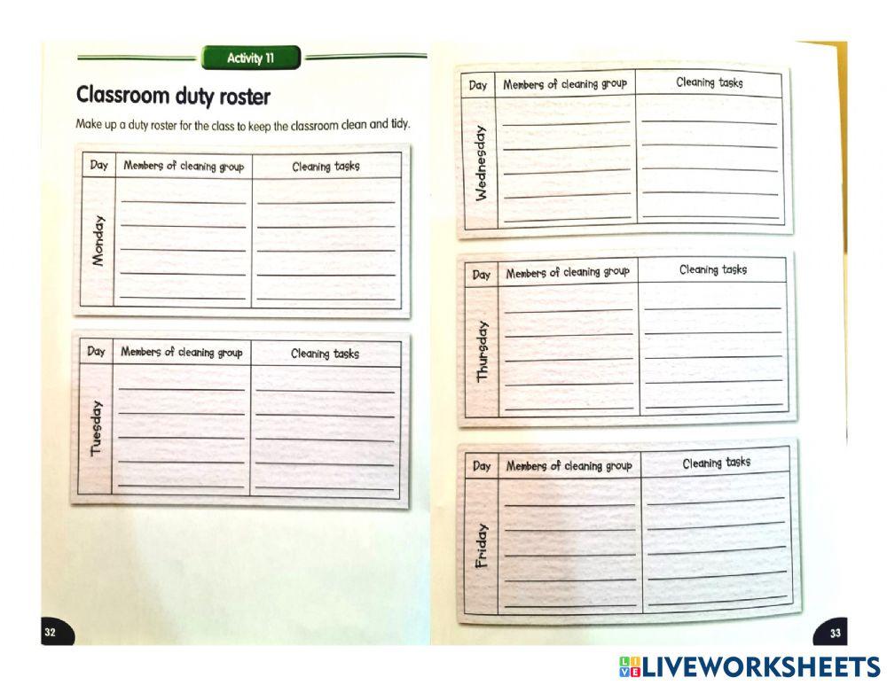 Duty roster worksheet | Live Worksheets