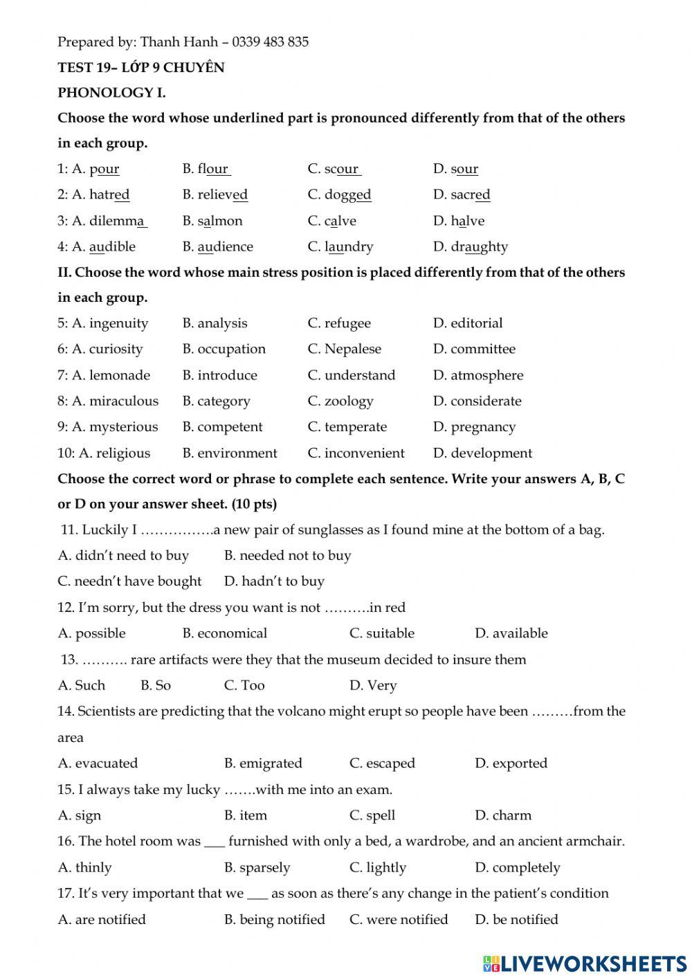 Test 19 chuyên worksheet | Live Worksheets