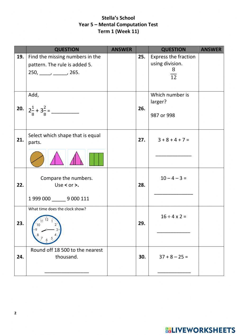 Mental Computat… | Free Interactive Worksheets | 1935441