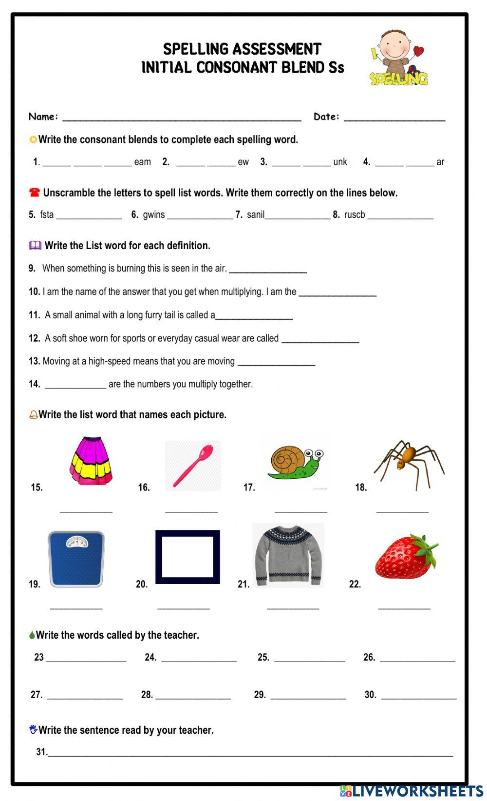 Consonant S Blend Interactive Worksheet Live Worksheets