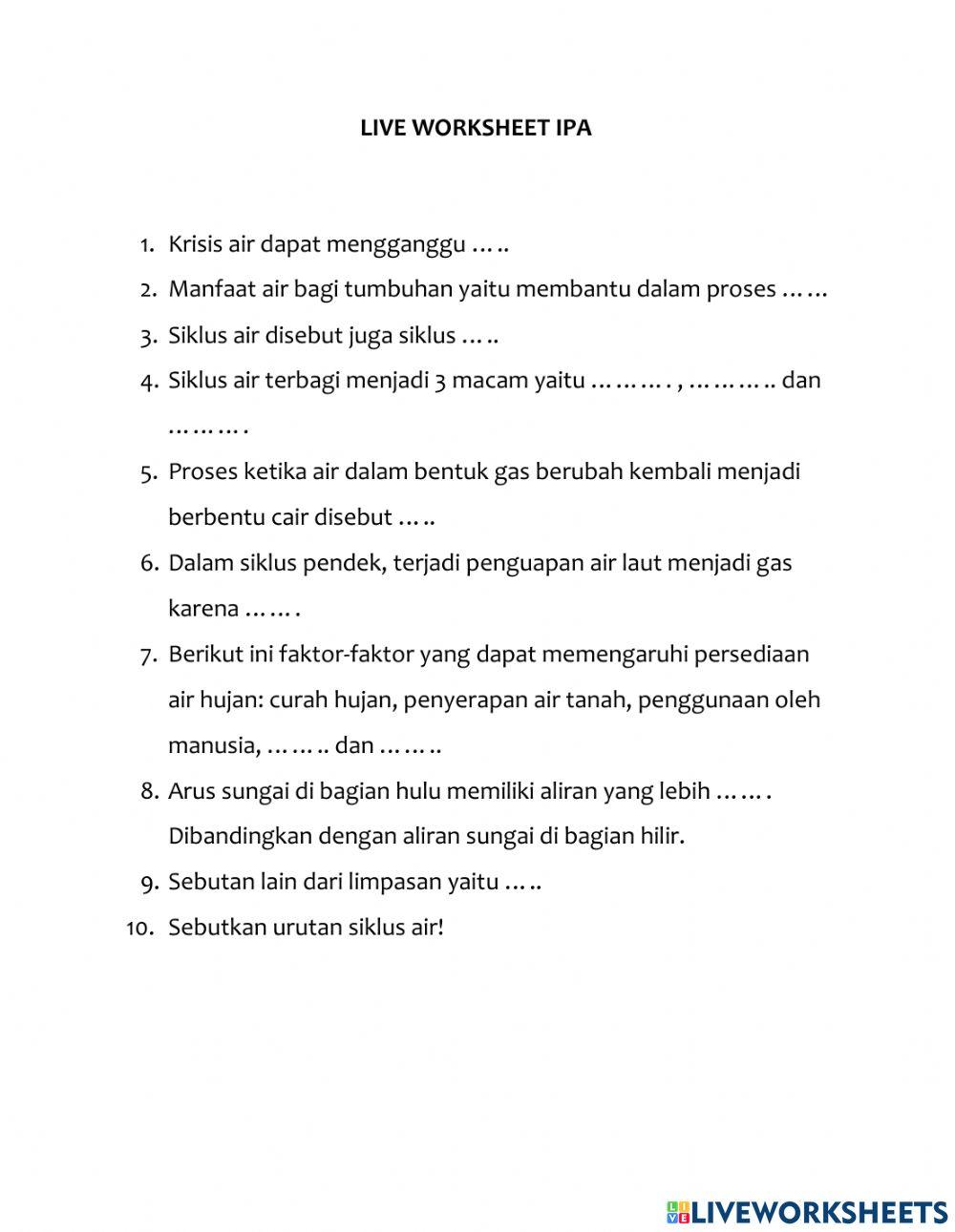 IPA Siklus Air worksheet | Live Worksheets