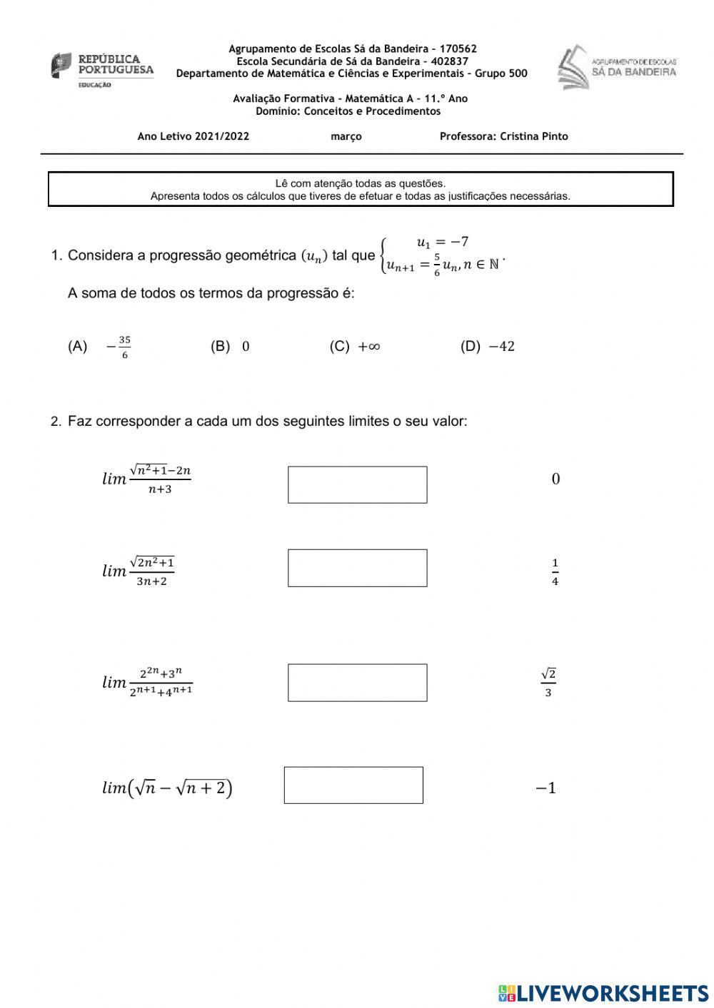 Limites de sucessões 1412 | cristinapinto06 | Live
