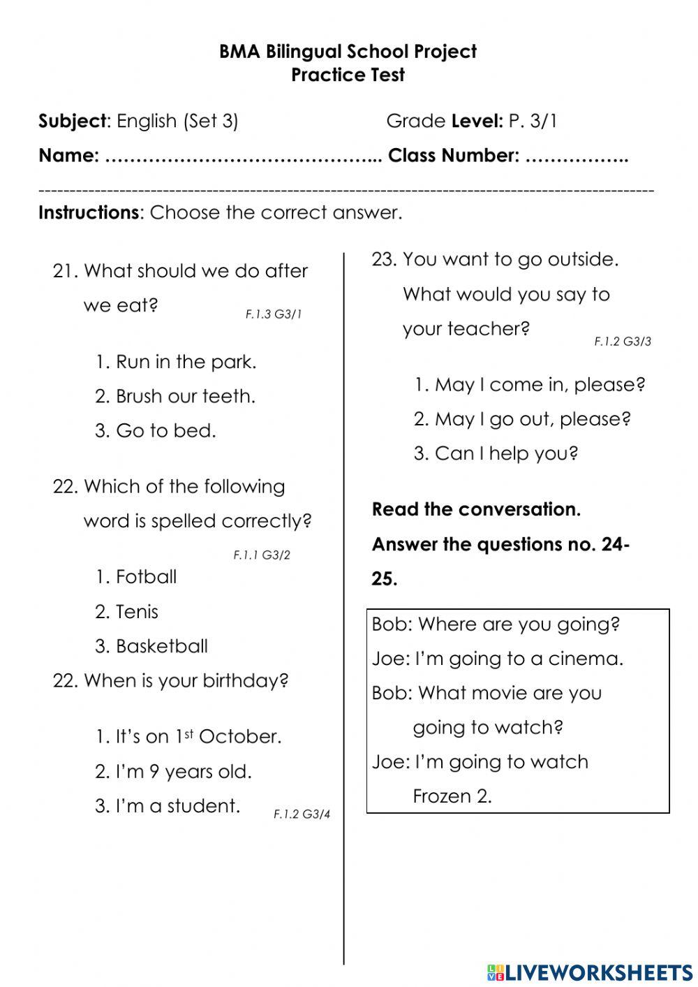 G3 ENGLISH BMA Practice Test Set 3 | T_Beth | Live