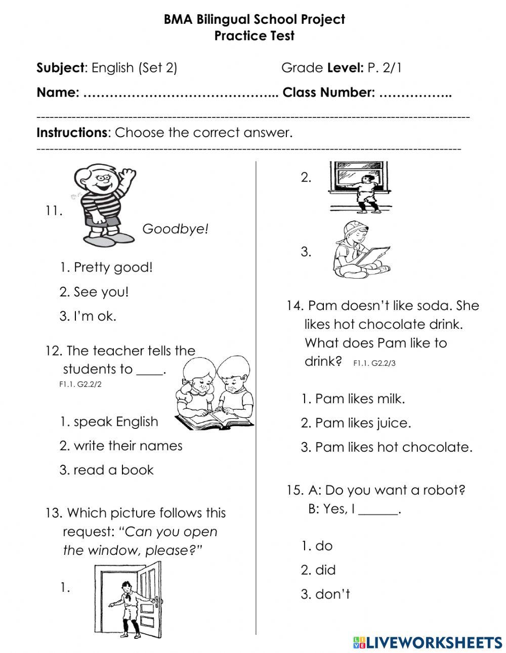 G2 ENGLISH BMA PRACTICE TEST Set 2 online exercise for | Live Worksheets