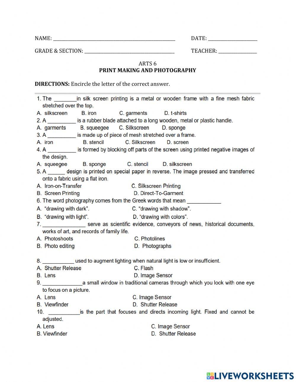 Arts 6 week 1-4 worksheet | Live Worksheets