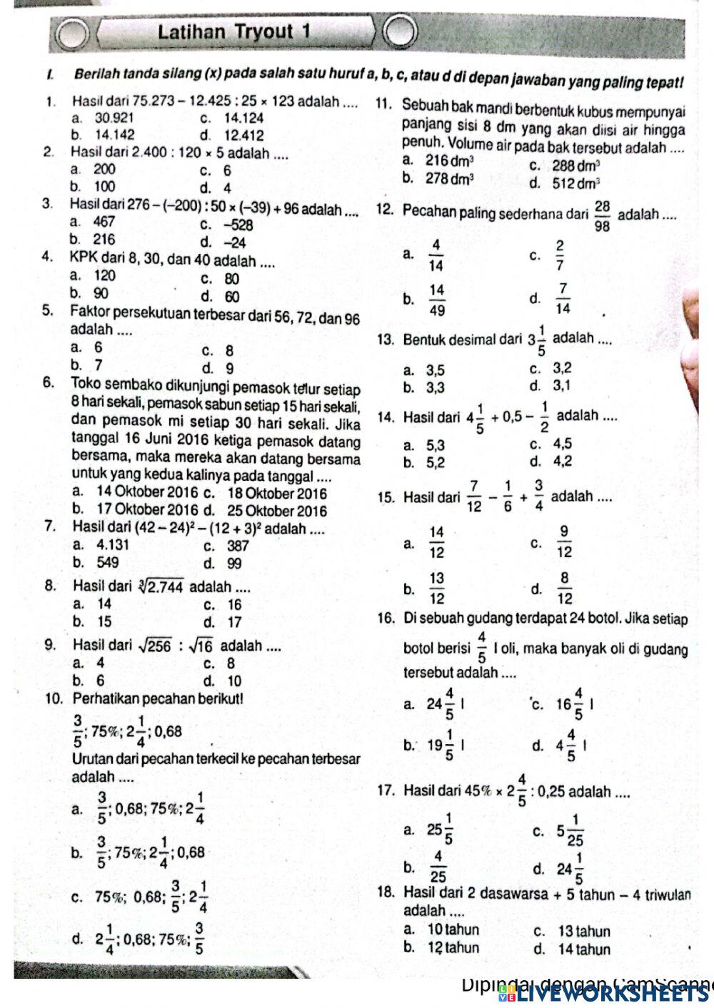 TO 1 matematika kelas 6 SMART 2018-19 worksheet | Live Worksheets
