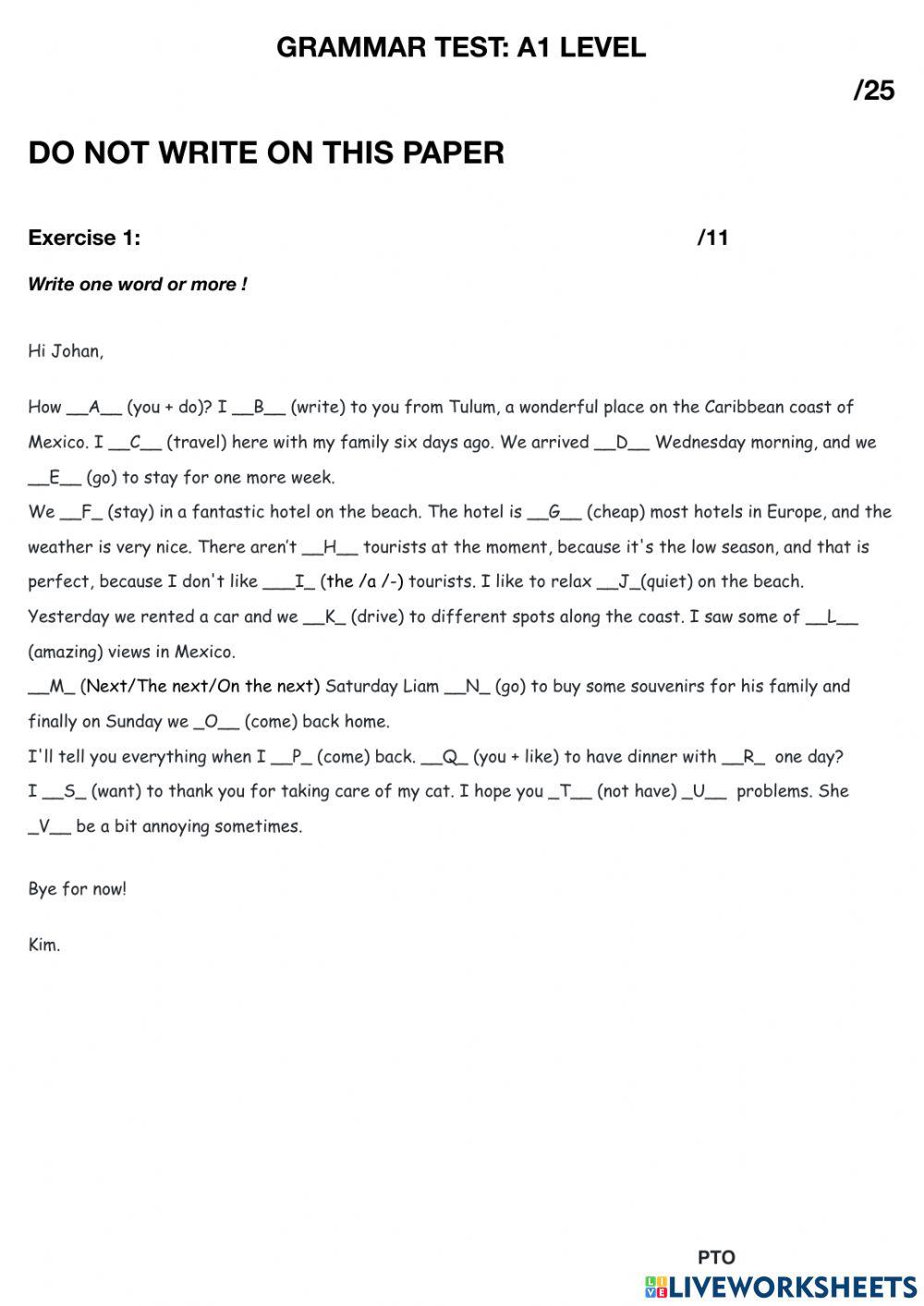 Grammar Test A1 level online exercise for | Live Worksheets
