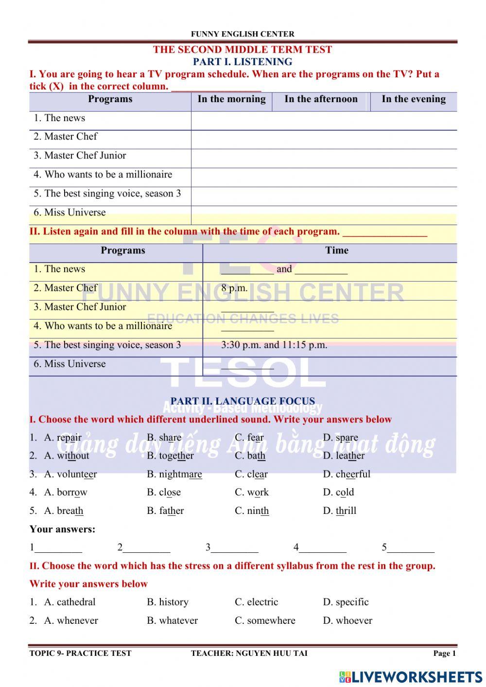 E.6-the second middle term test worksheet | Live Worksheets
