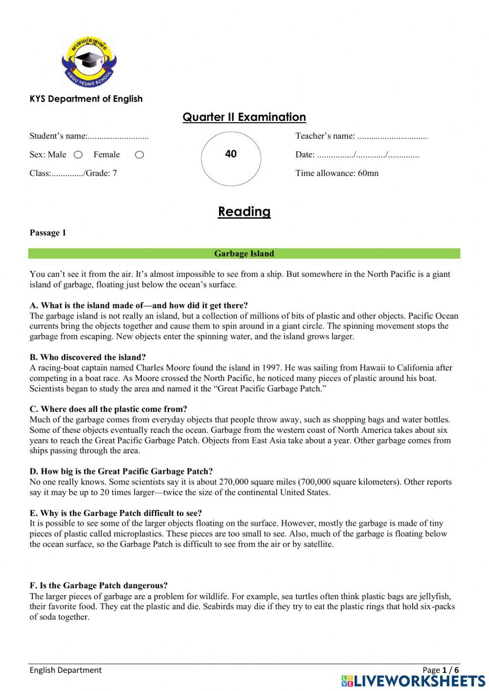 Reading G7 Pathway term 2 2021-2022 worksheet | Live Worksheets