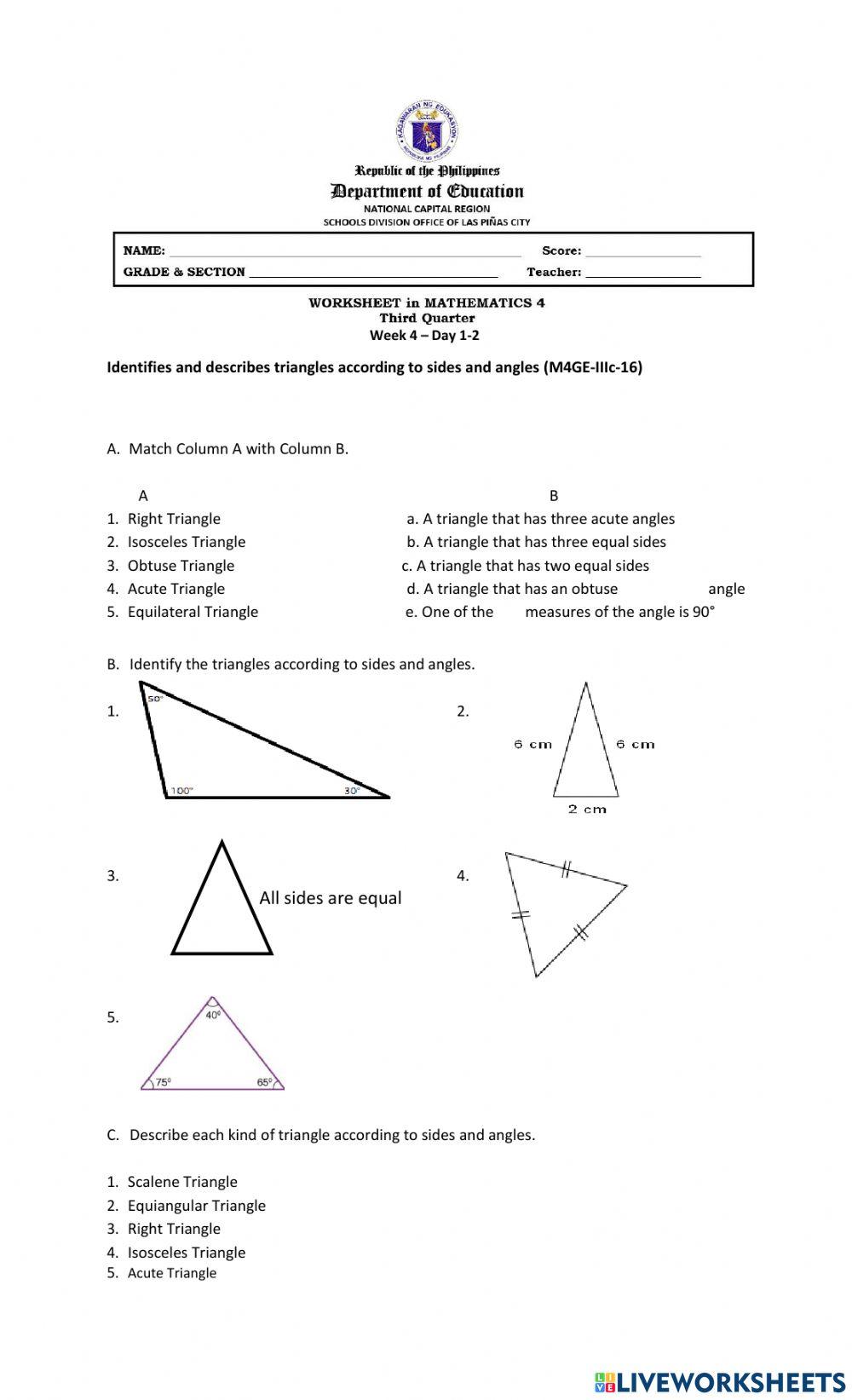 Kinds of triagle worksheet | Live Worksheets