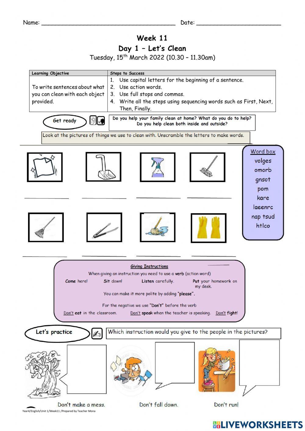 Let's Clean worksheet | Live Worksheets