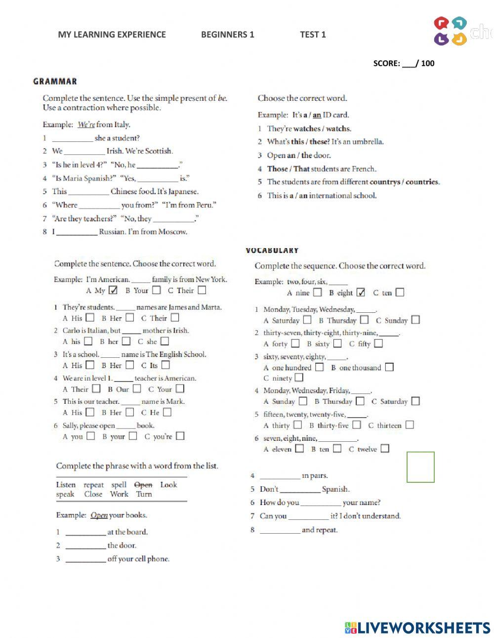 Beginners 1 Midterm online exercise for | Live Worksheets