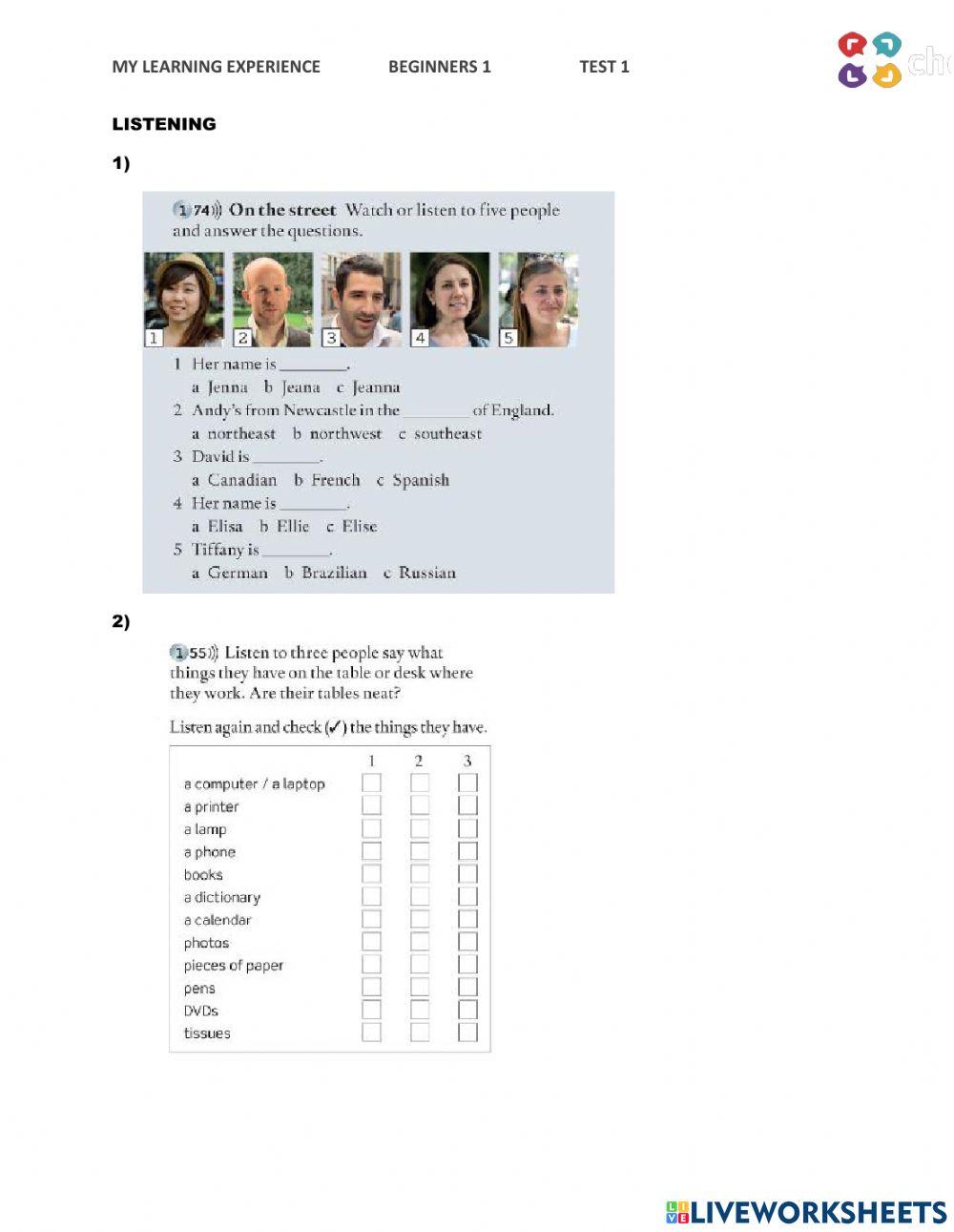 Beginners 1 Midterm online exercise for | Live Worksheets