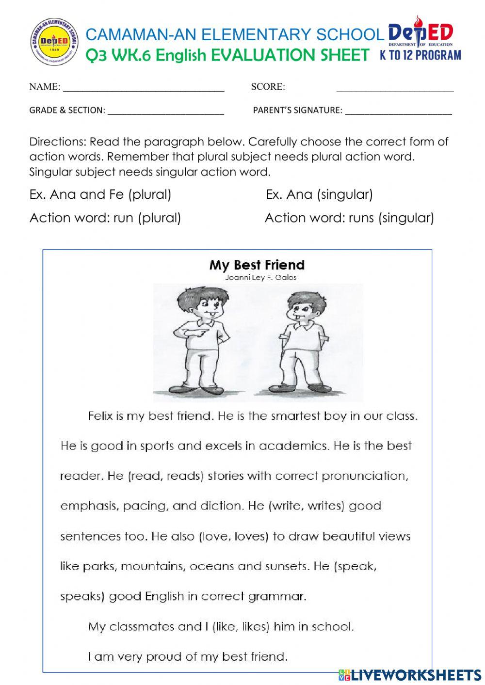 Q3 week 6 english evaluation sheet worksheet | Live Worksheets