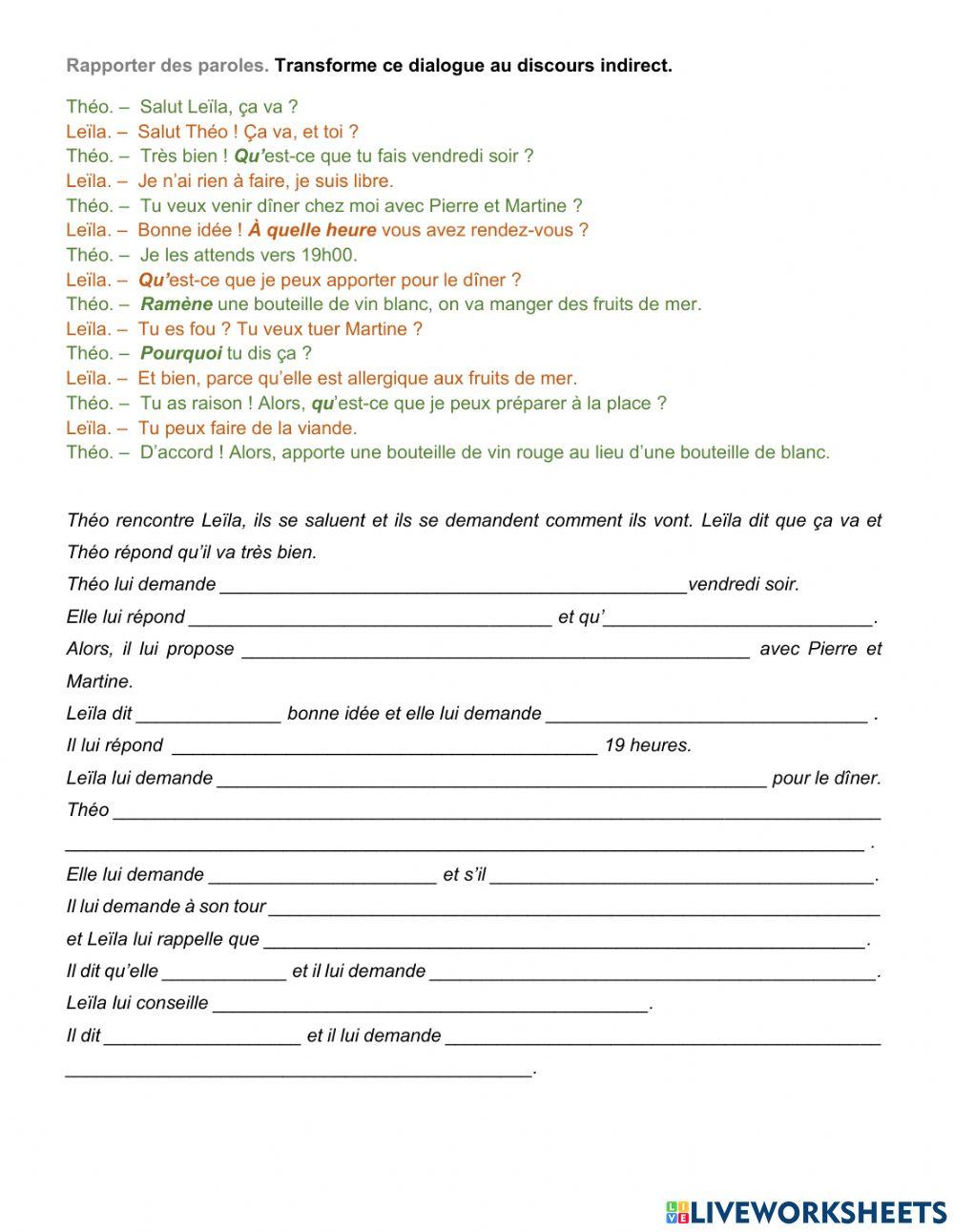 Discours rappor… | Free Interactive Worksheets | 1938587