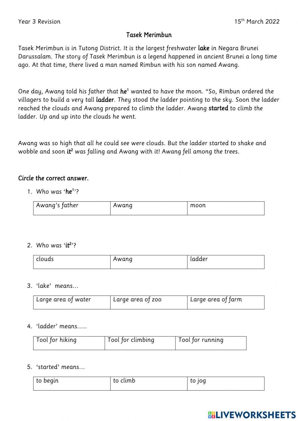Revision online exercise for year 3 | Live Worksheets