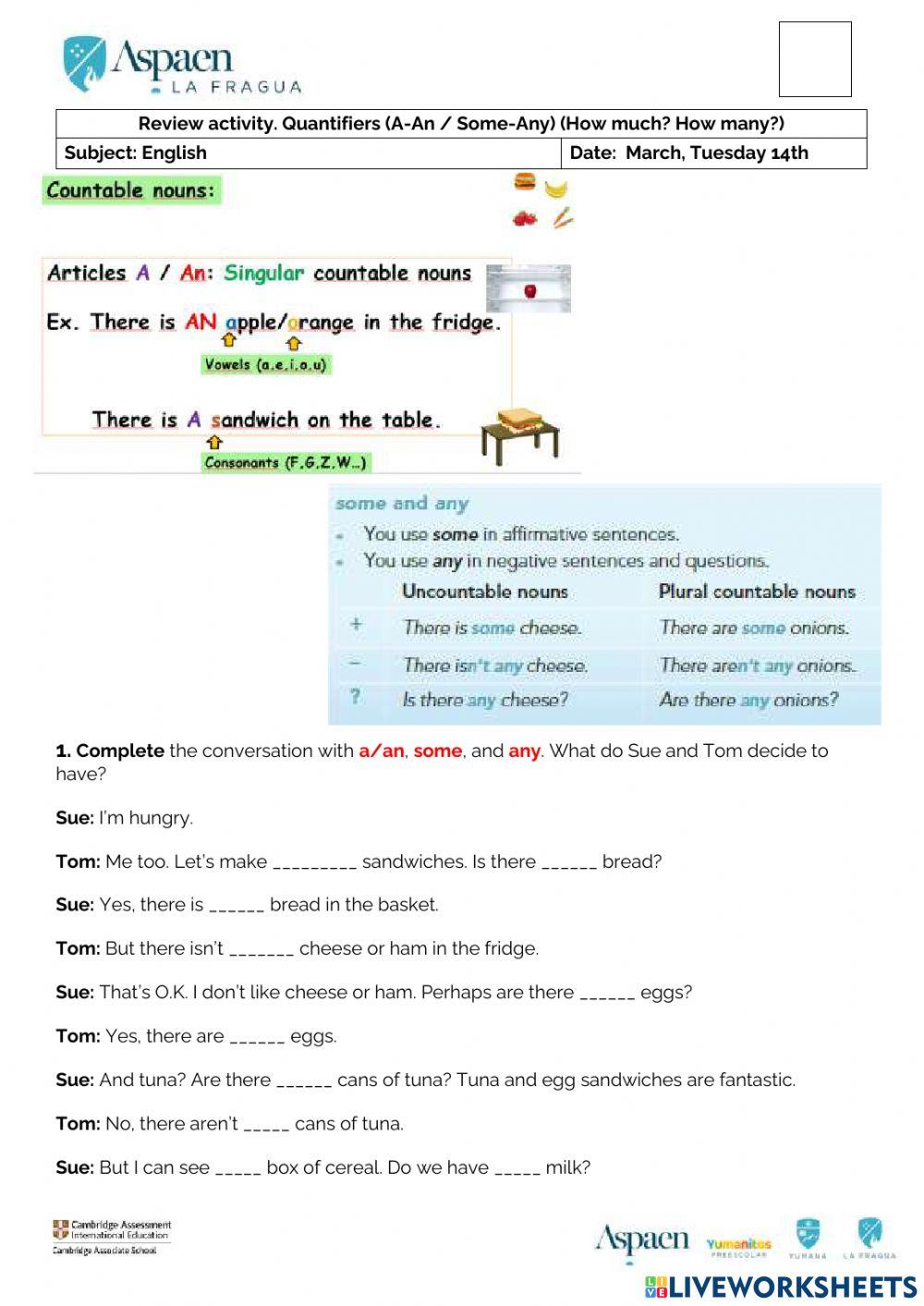 Review activity: Quantifiers - Aspaen La Fragua online exercise for | Live Worksheets