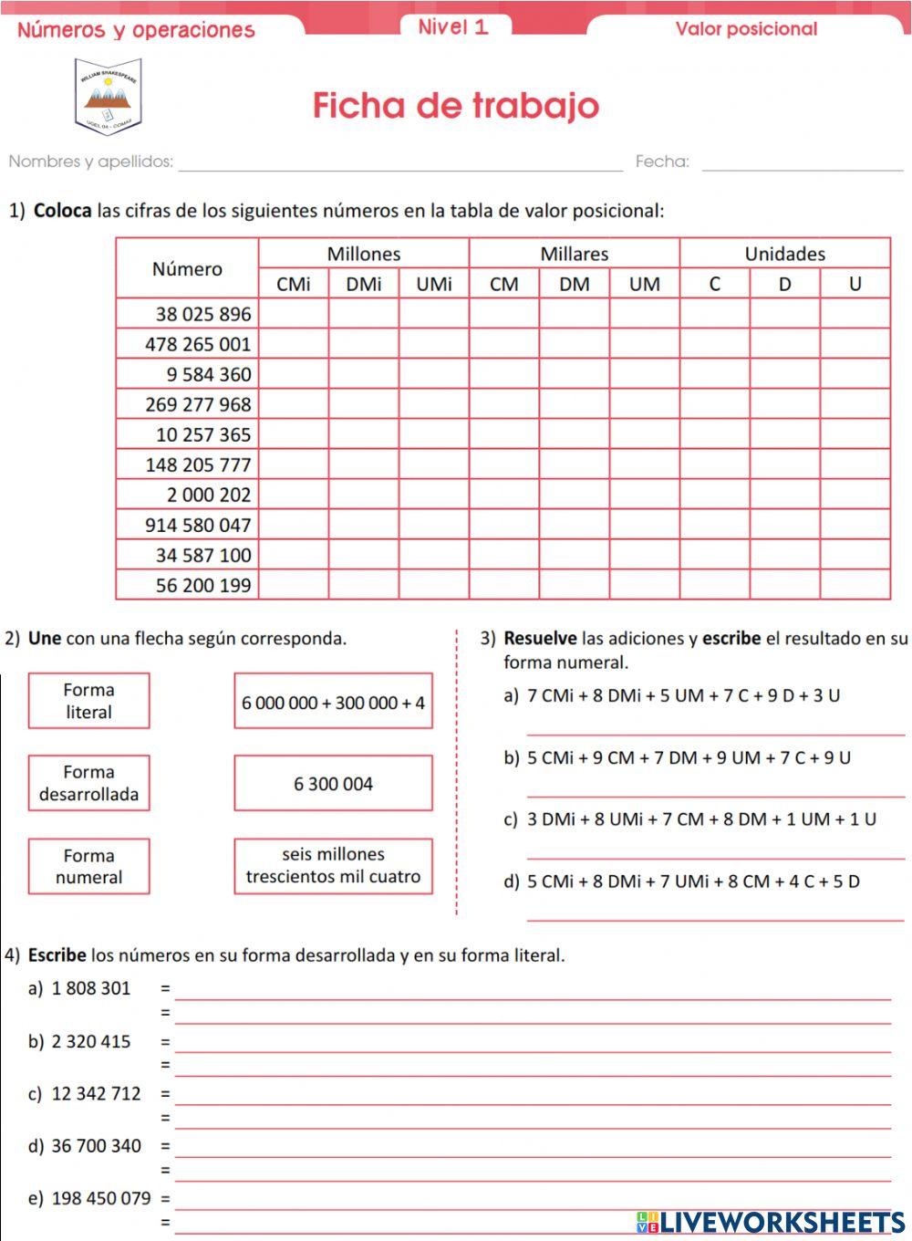 Valor posicional hasta la CMi online exercise for | Live Worksheets
