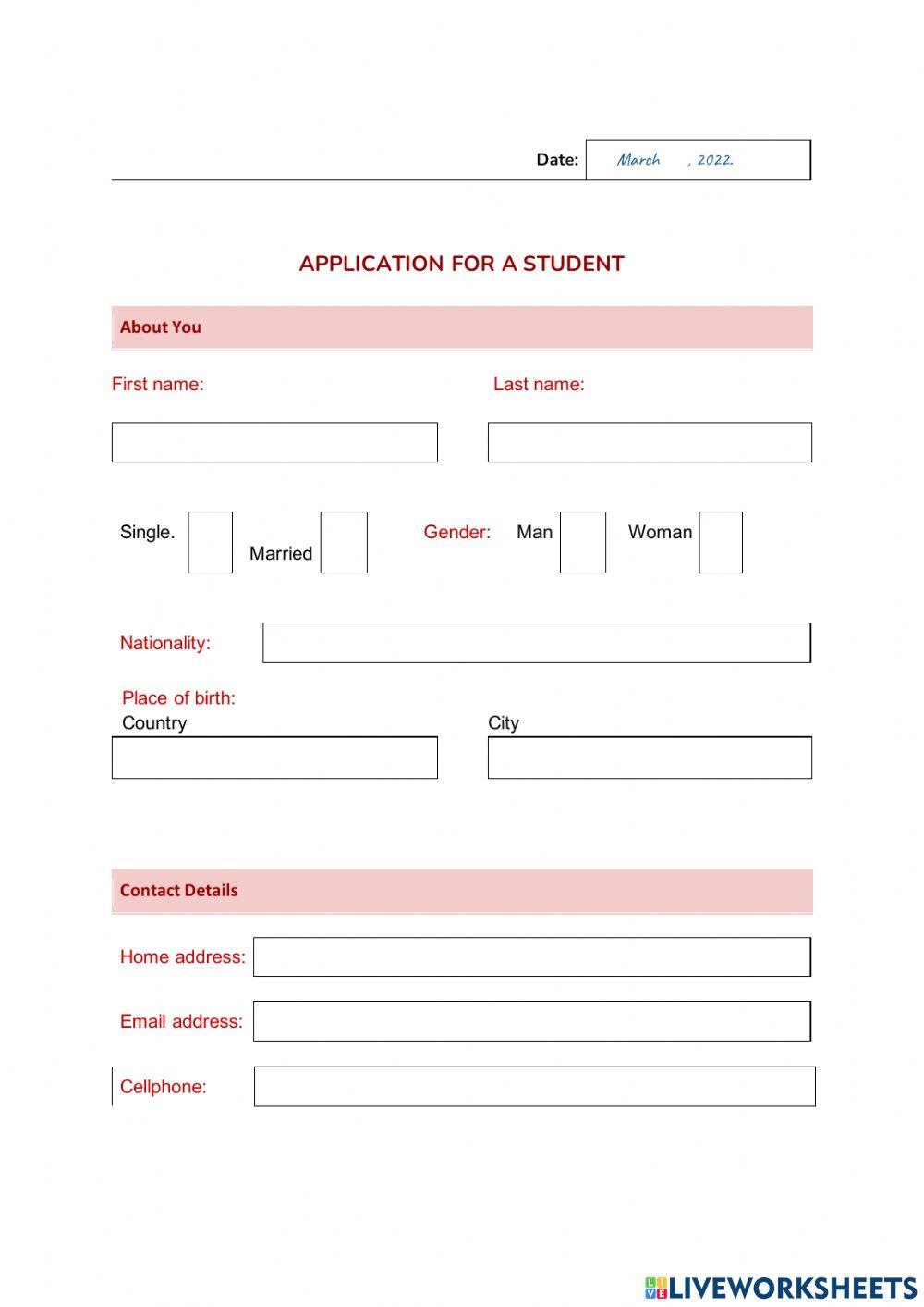 Aplication worksheet | Live Worksheets