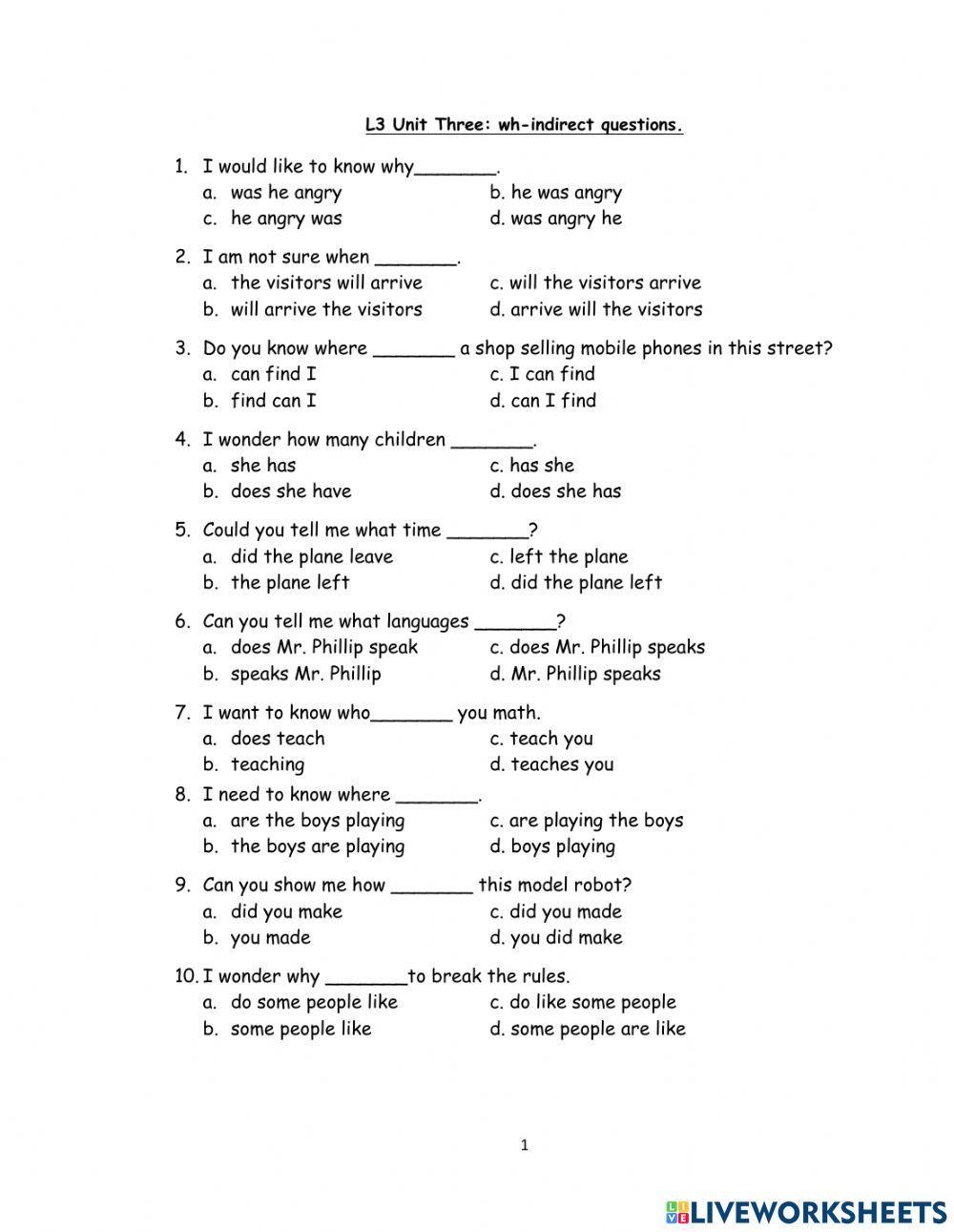 V4 Unit (3) Indirect Wh-Questions. worksheet | Live Worksheets