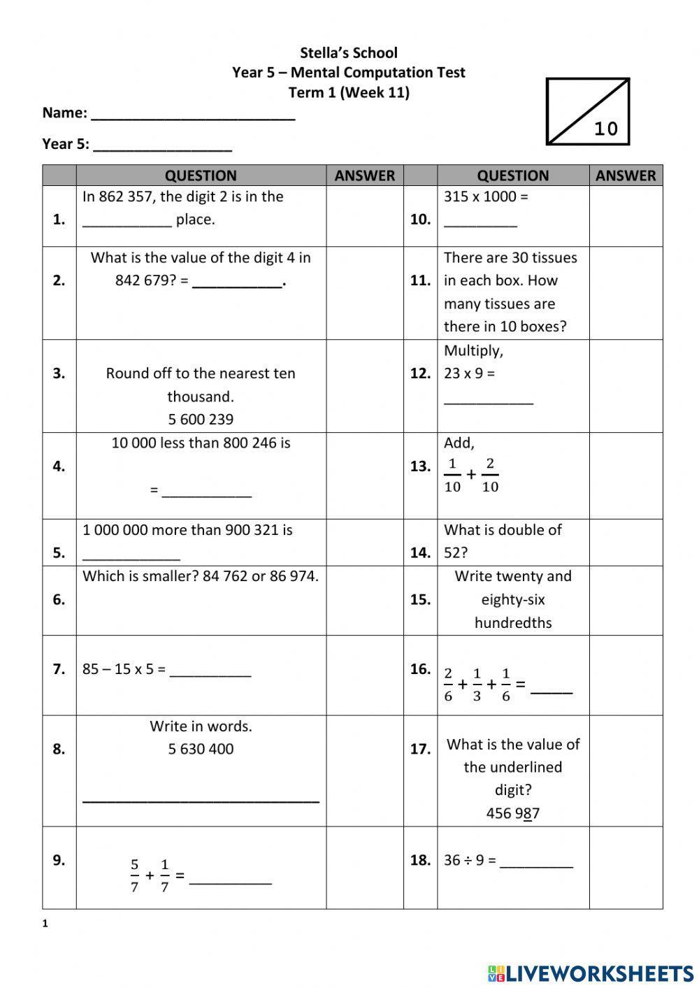 Mental Computat… | Free Interactive Worksheets | 1940022