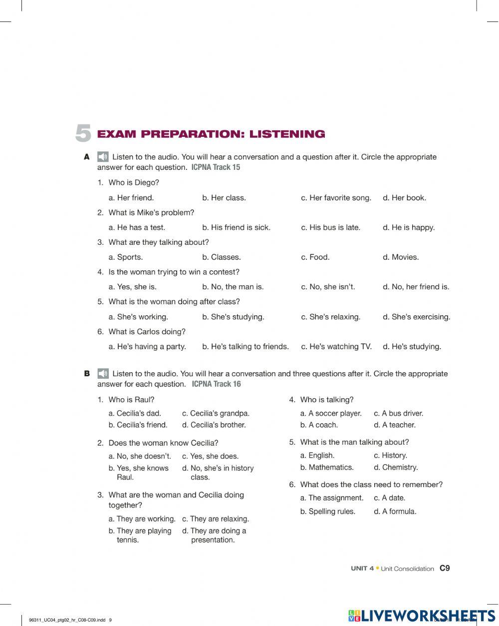 Pdf online activity: Listening Exam | Live Worksheets