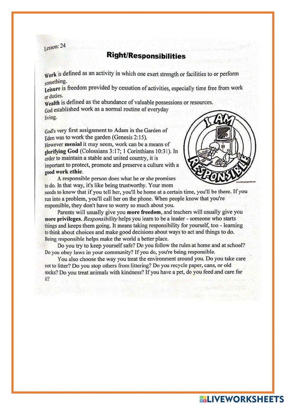 Rights and Responsibilities online exercise for 6 | Live Worksheets