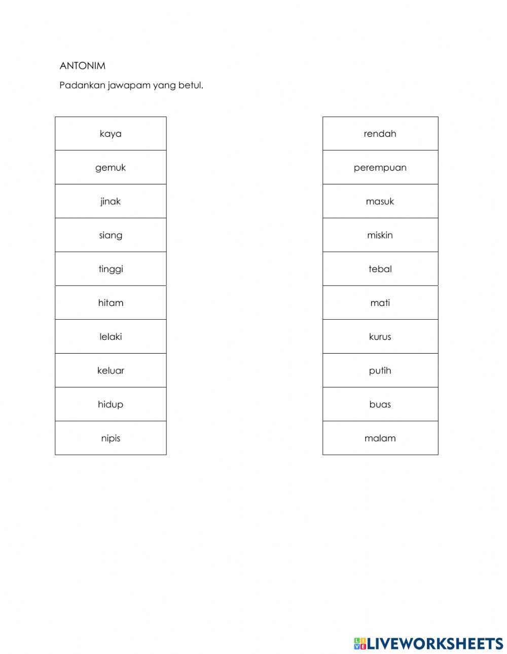 Antonim Bahasa Melayu (BM) exercise | Live Worksheets
