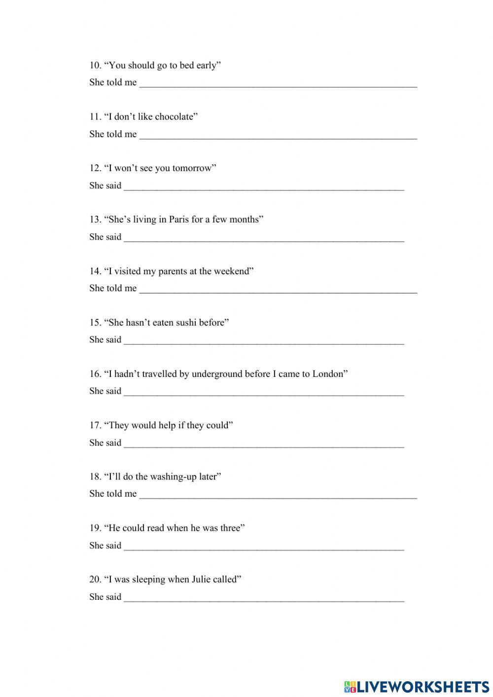 Reported Speech Statements online exercise for | Live Worksheets