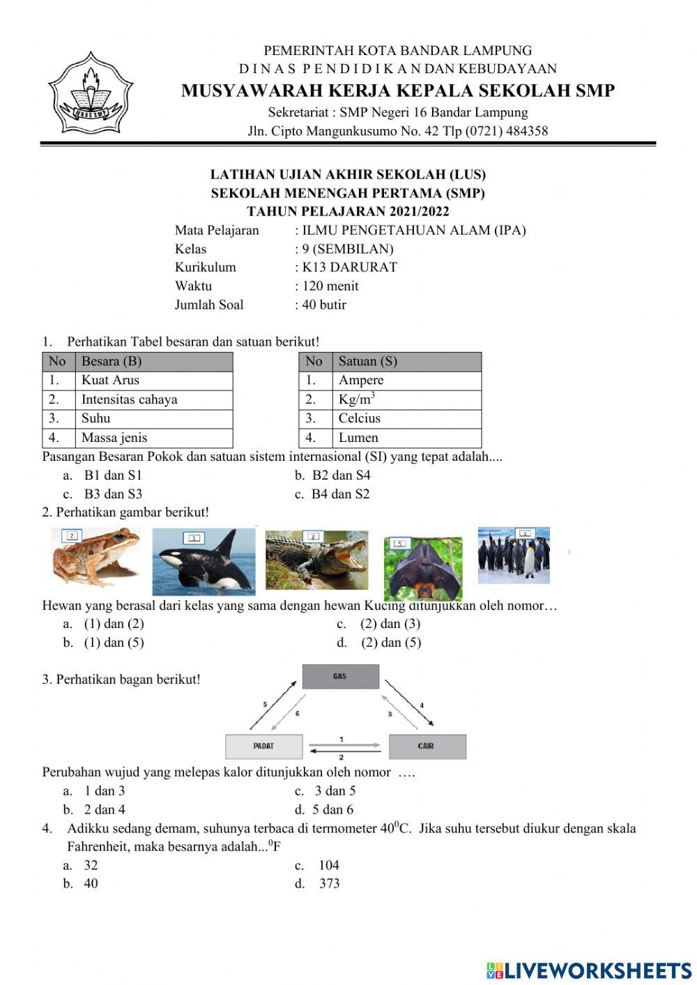 LUS IPA SMP Tahun 2022 worksheet | Live Worksheets