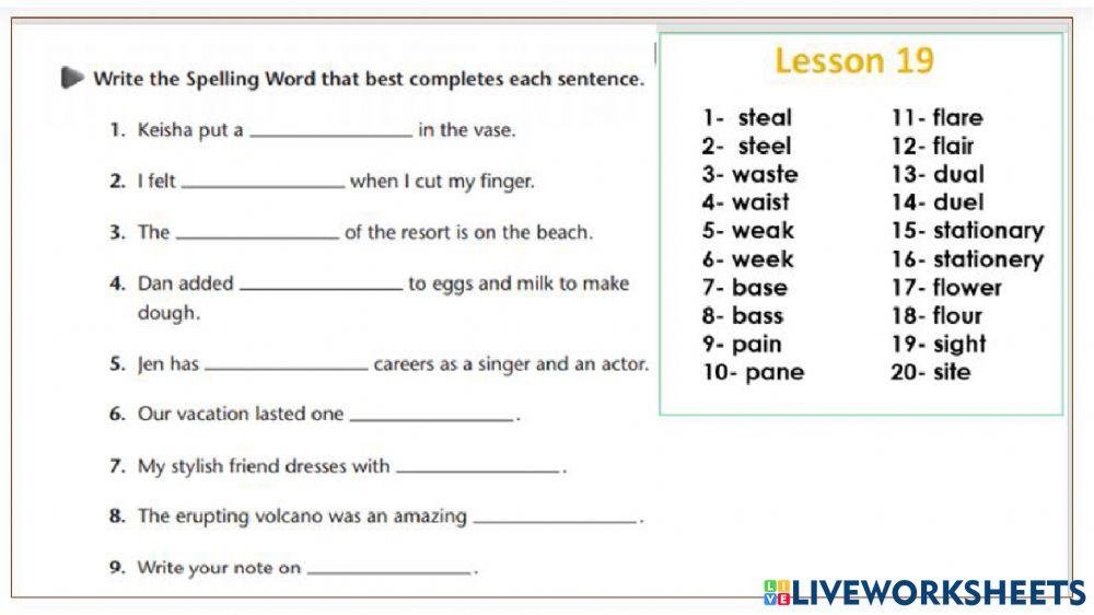 Grade 5 -- Lesson 19 - Homophones Worksheet online exercise for | Live ...