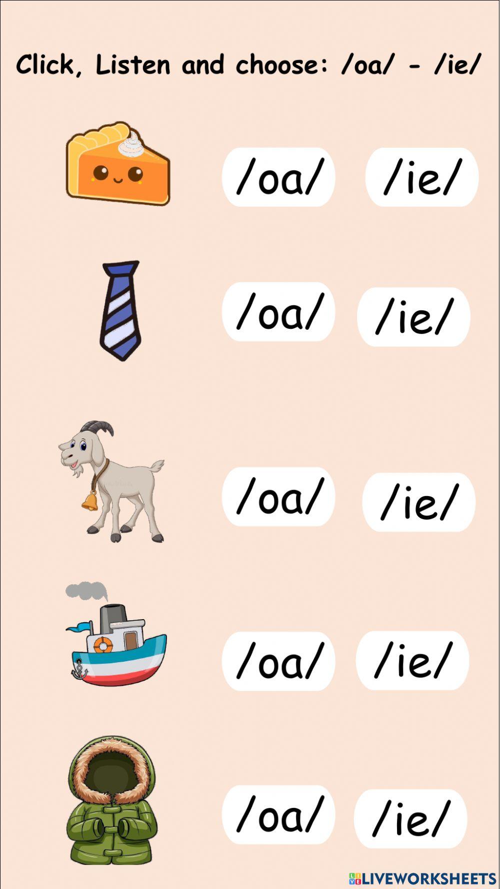 Phonemes -oa- -ie- worksheet | Live Worksheets