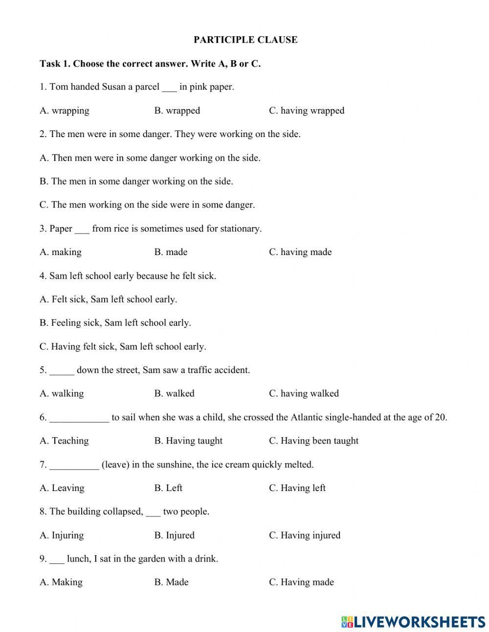 Participle clau… | Free Interactive Worksheets | 1941600