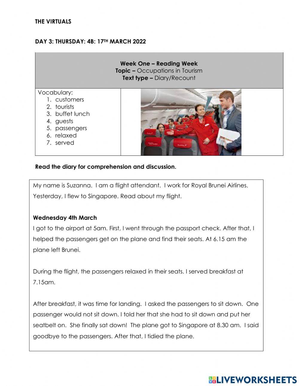 Year 4B: The Virtuals: Flight Attendant Diary Comprehension online ...