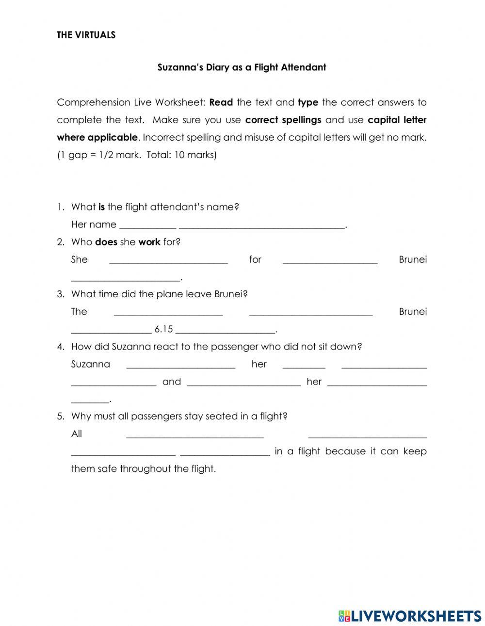 Year 4B: The Virtuals: Flight Attendant Diary Comprehension online ...