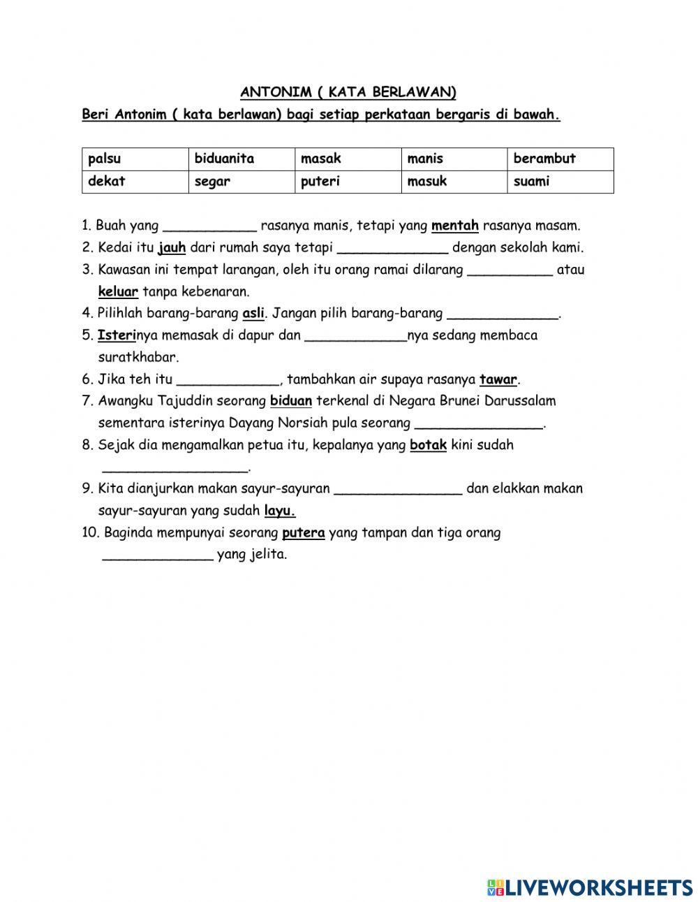 MAC MINGGU 3.1 - ANTONIM - SINONIM TAHUN 4,5 - 6 online exercise for ...