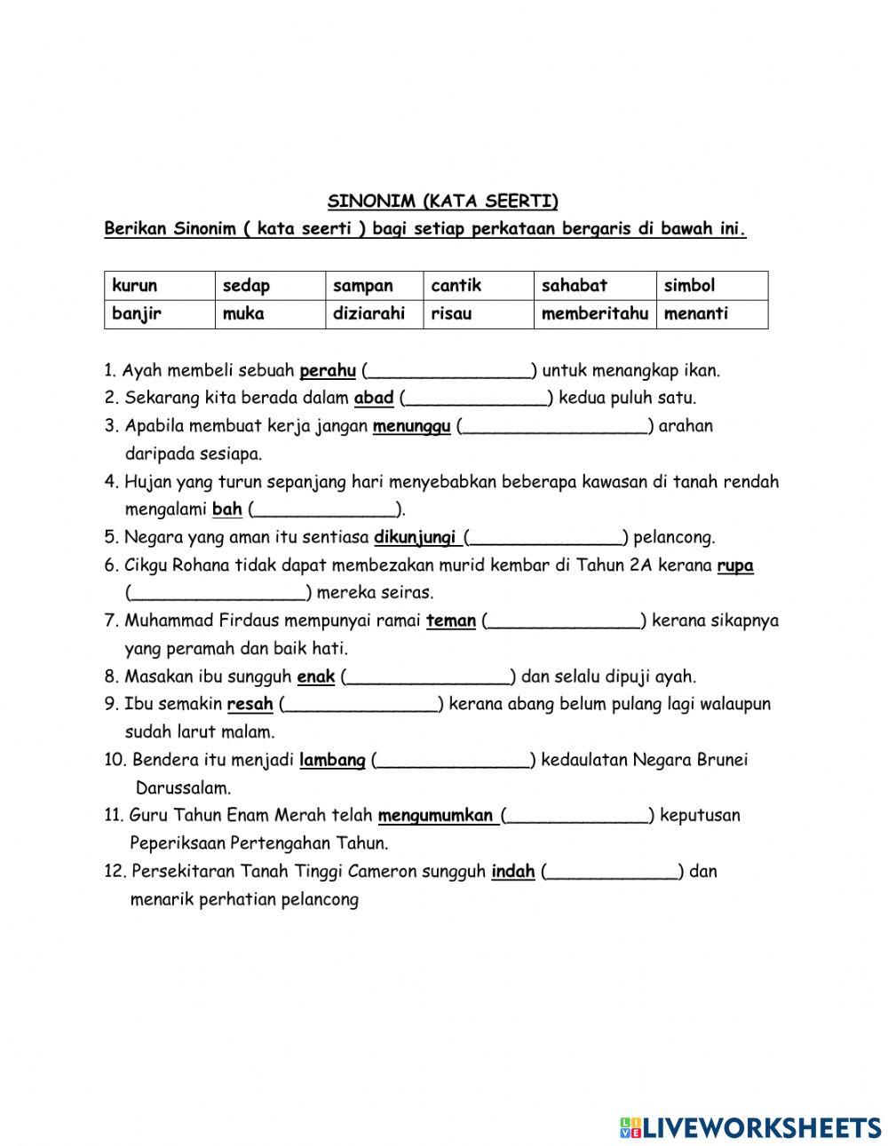 MAC MINGGU 3.1 - ANTONIM - SINONIM TAHUN 4,5 - 6 online exercise for ...