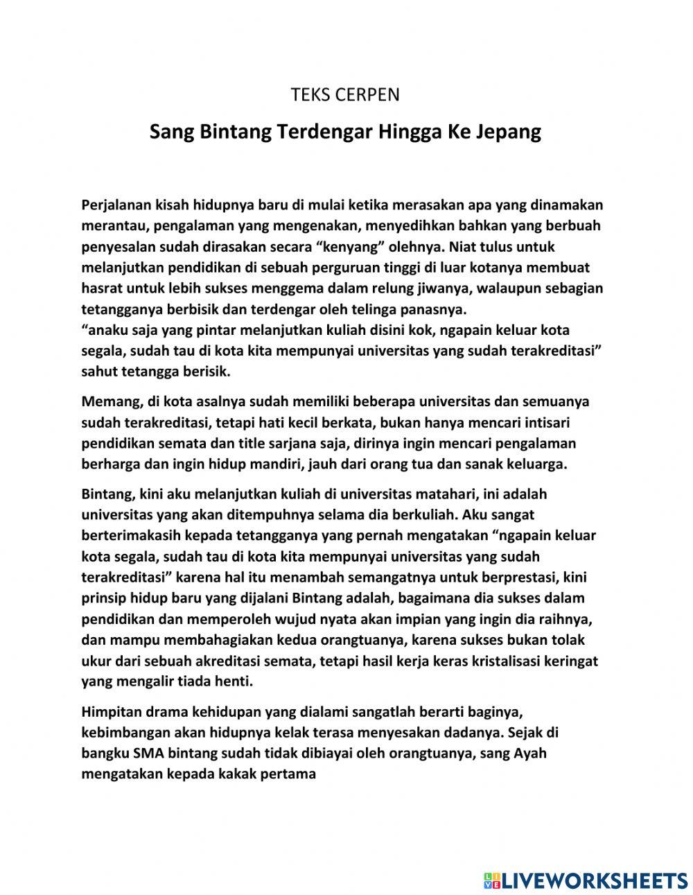 Latihan soal cerpen interactive worksheet | Live Worksheets