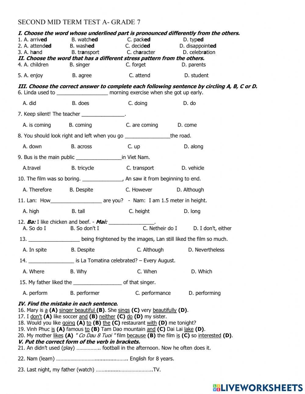 Second mid term test b -grade 7 online exercise for | Live Worksheets