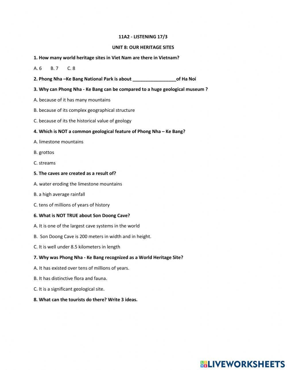 Unit 8 - Our heritage sites Listening worksheet | Live Worksheets