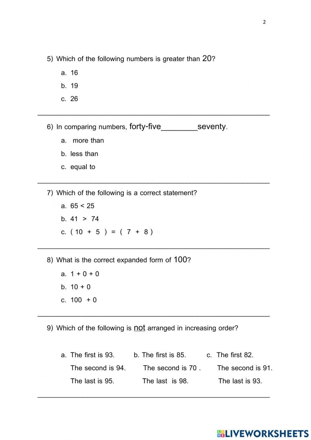 MATH GRADE 1 TEST 2791044 | markrenz17 | Live Worksheets